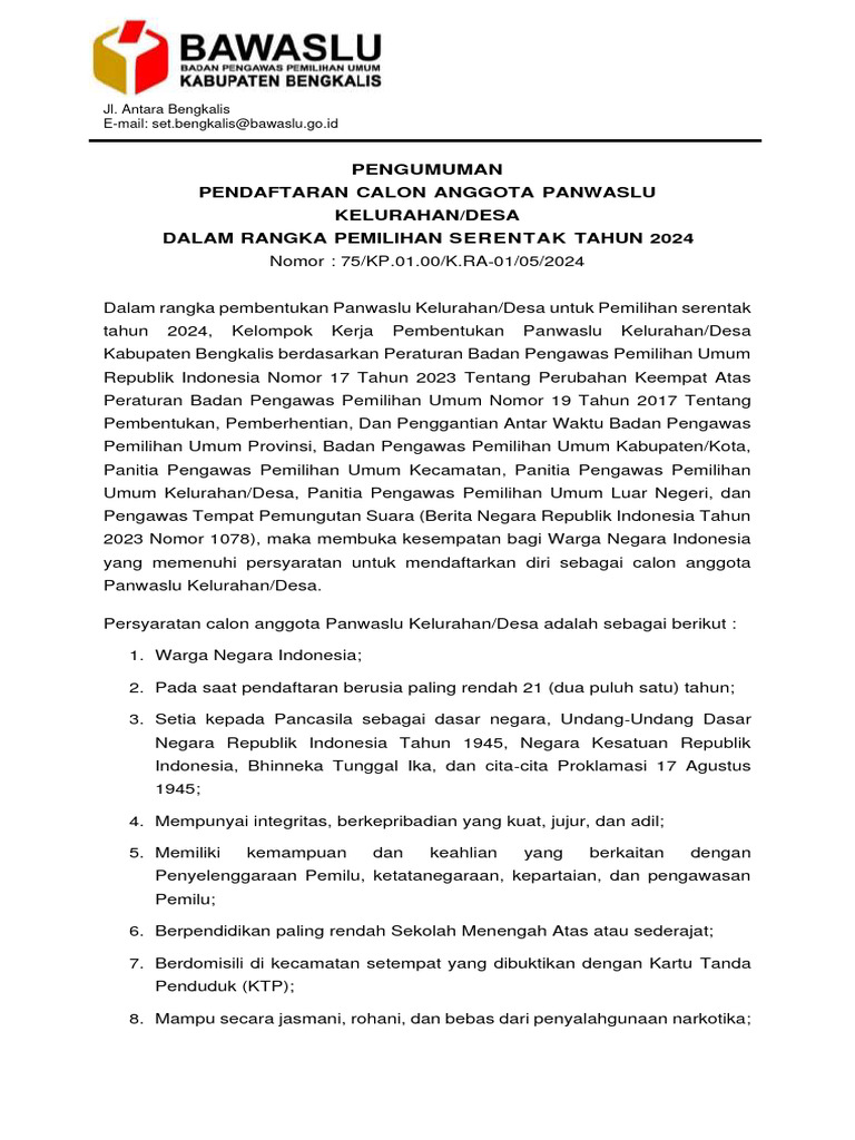 Pengumuman Pendaftaran PKD Pilkada 2024 | PDF