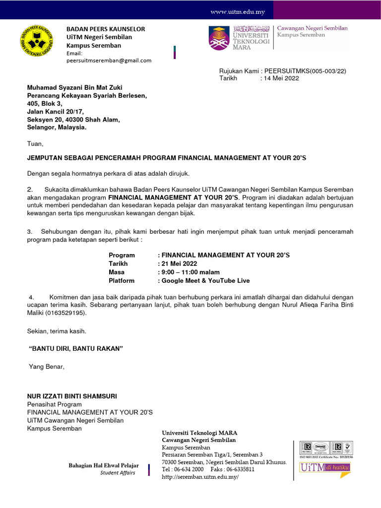 003 - Surat Jemputan Encik Syazani Mat Zuki (New) | PDF | Karier ...
