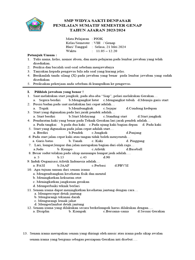 Soal Sas Pjok 2024 Kelas Viii | PDF