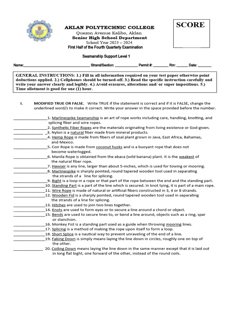Seam Pre Final Exam 2024 | PDF | Knot | Ropework