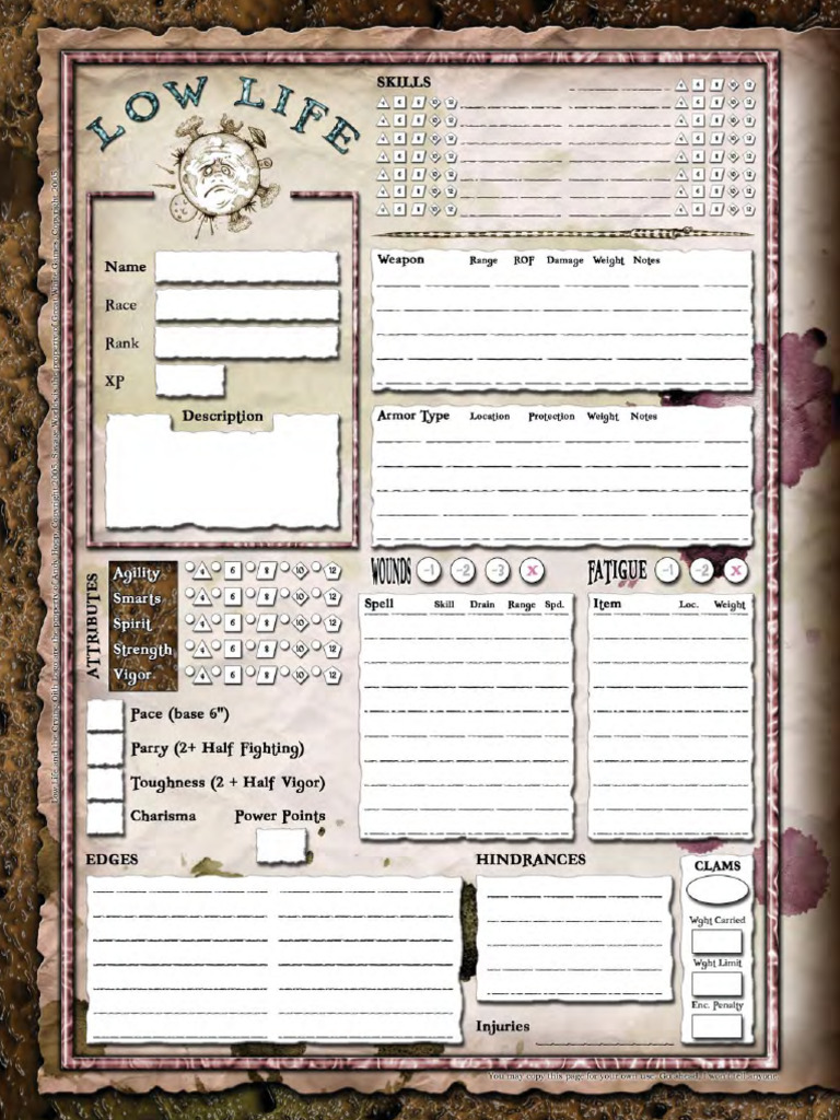 Savage Worlds - Low Life - Char Sheet | PDF