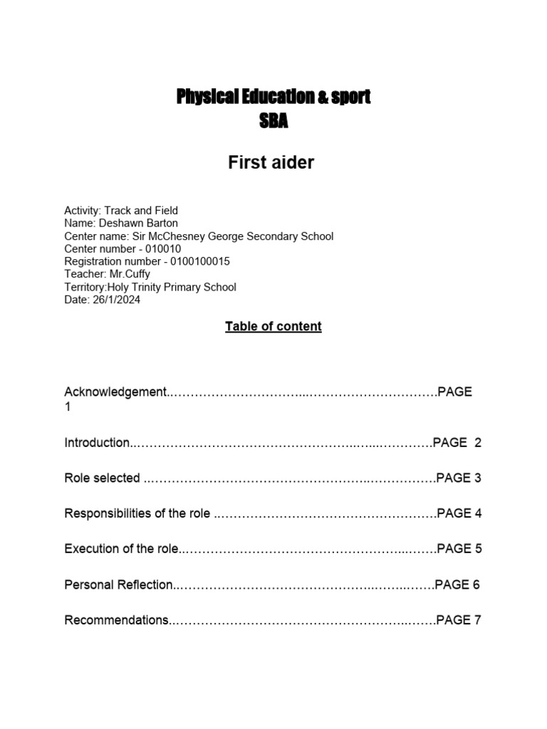 Physical Education & Sport SBA: First Aider | PDF | First Aid | Medical ...