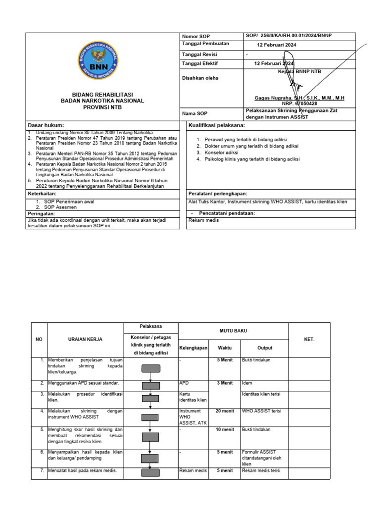SOP Skrining Penggunaan Zat ASSIST BNNP NTB | PDF