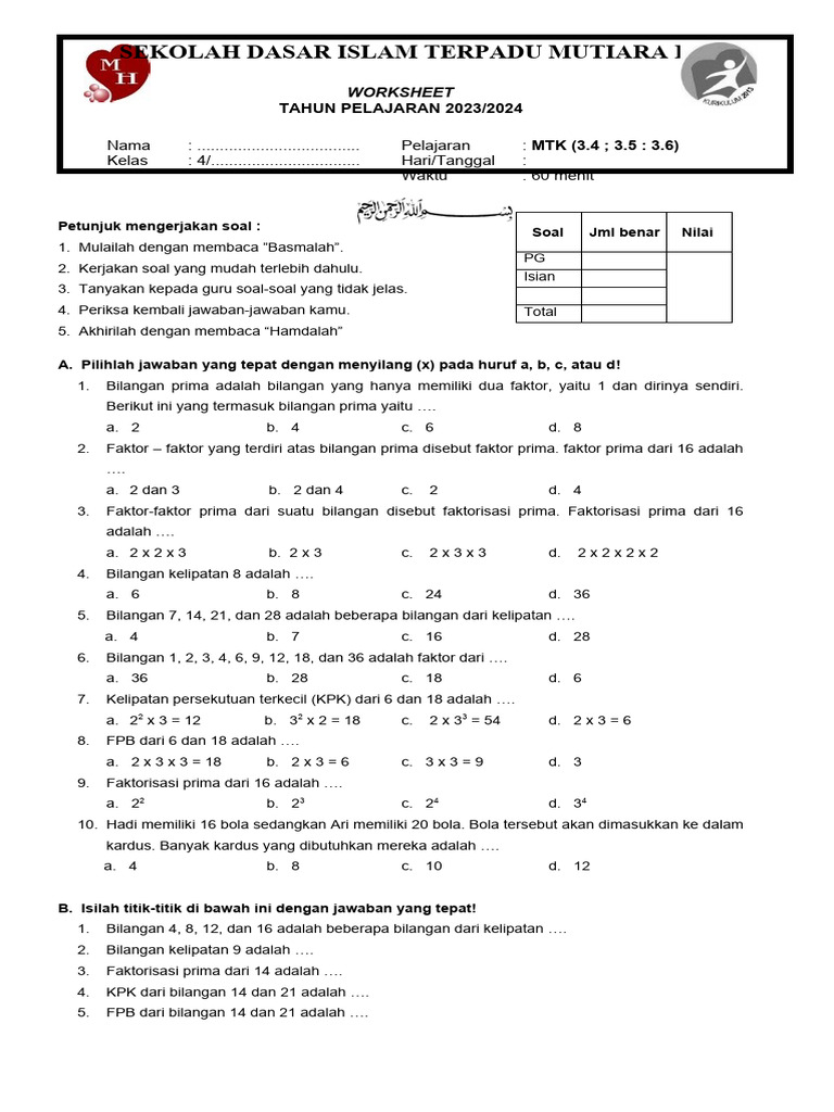 Worksheet MTK Kelas 4 SDIT Mutiara Hati | PDF