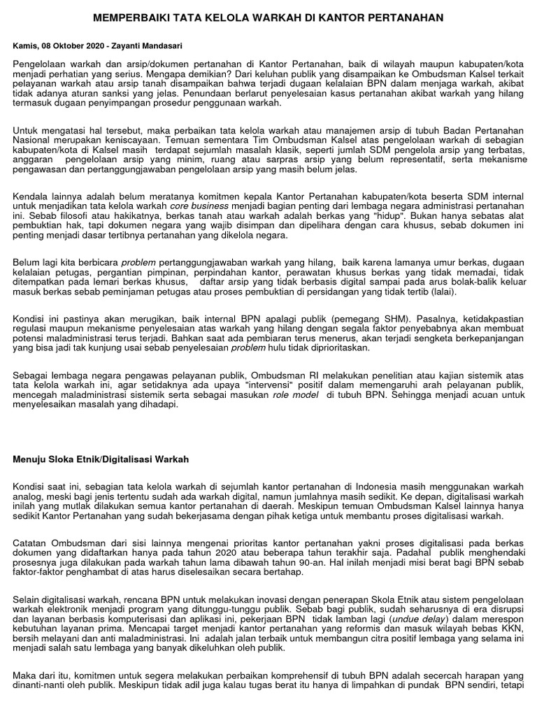Memperbaiki Tata Kelola Warkah Di Kantor Pertanahan | PDF | Bisnis