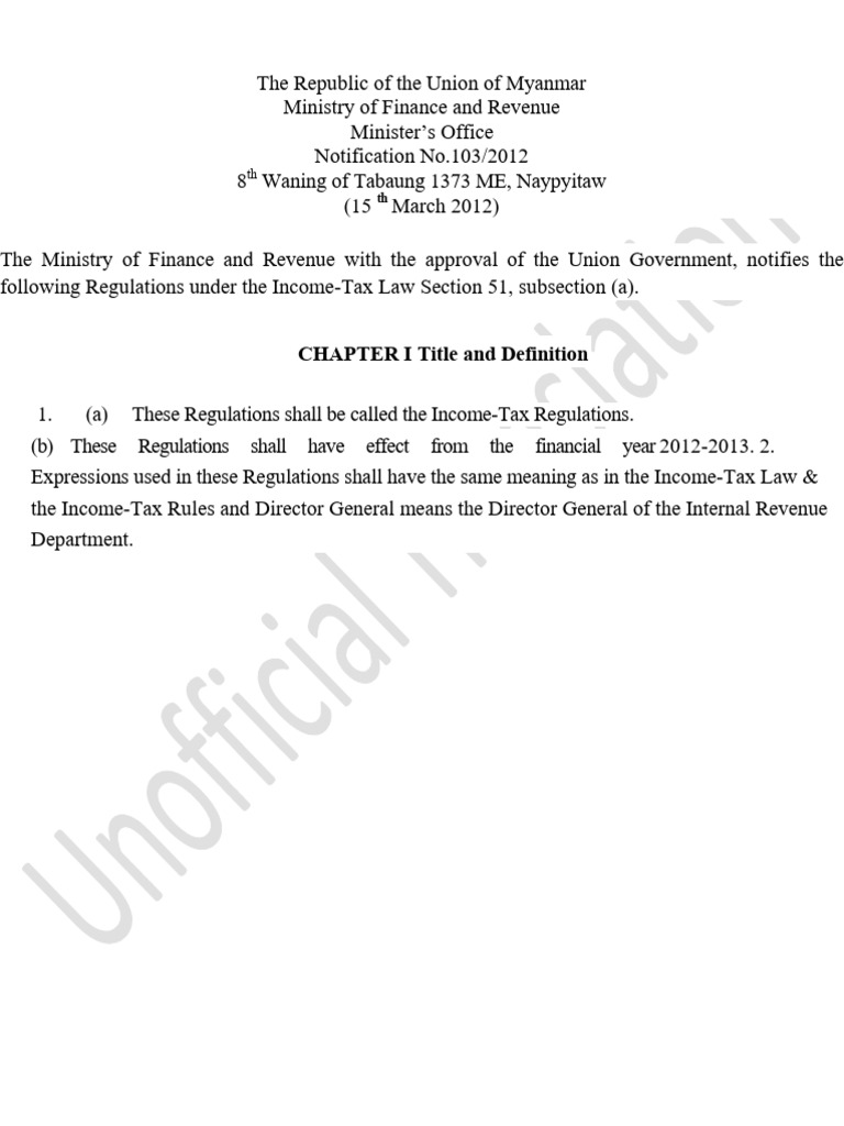 Myanmar Income-Tax Regulations 2012 | PDF | Income Tax | Taxes