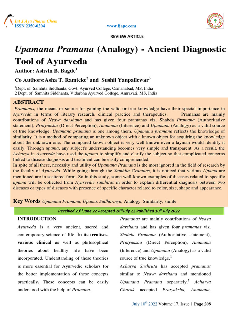 Upamana Pramana in Ayurvedic Diagnosis | PDF | Medical Diagnosis | Ayurveda