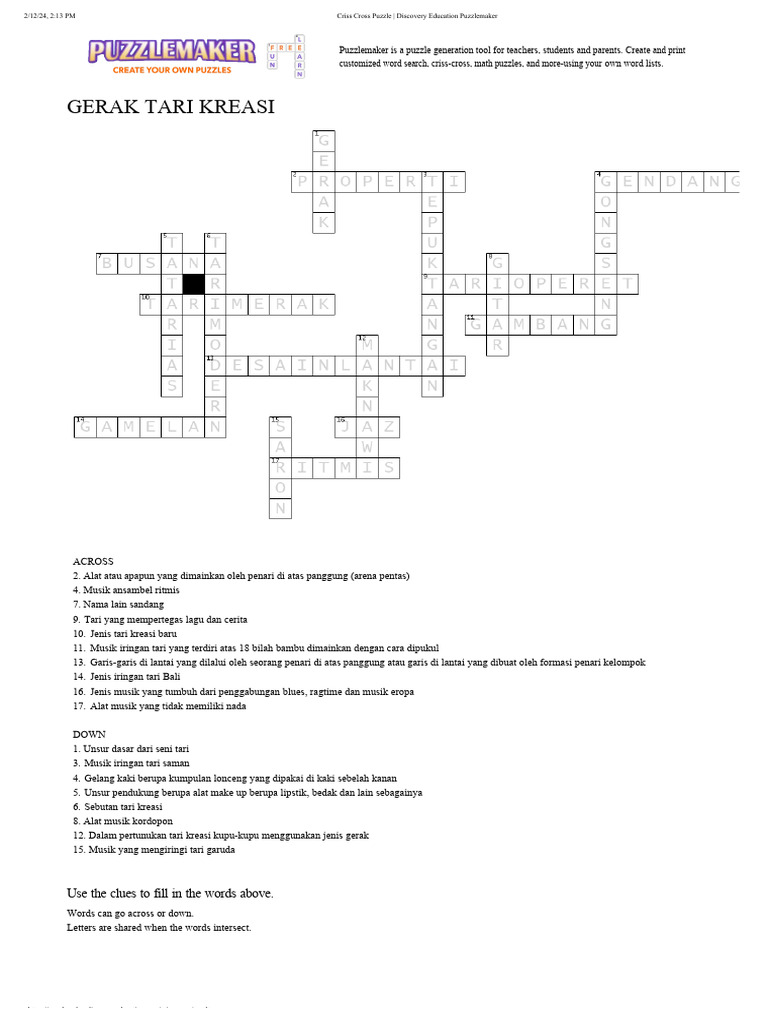 Kunci Criss Cross Puzzle - Discovery Education Puzzlemaker | PDF