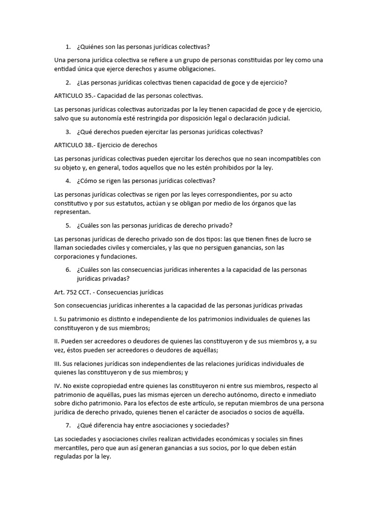 Preguntas Sobre Personas Jurídicas Colectivas | PDF | Fundación (sin fines de lucro) | Bienes (Ley)