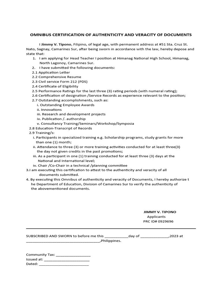 Omnibus Certification of Authenticity and Veracity of Documents | PDF