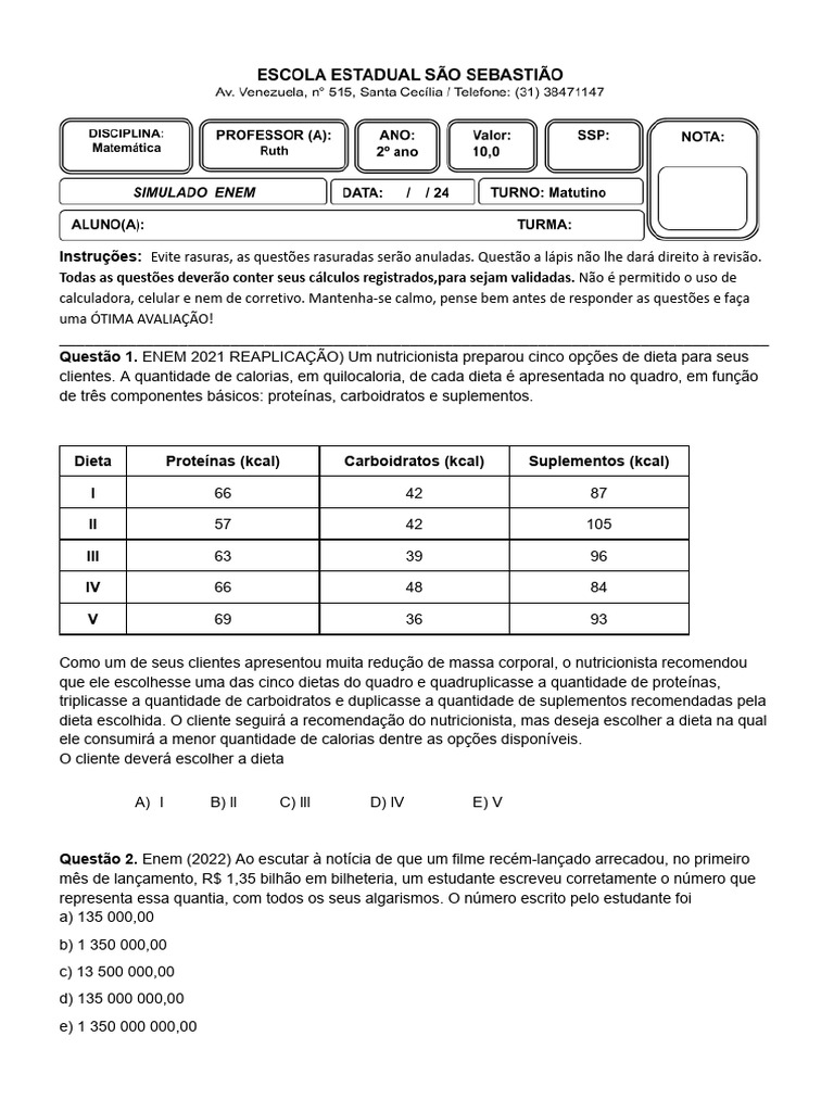 Simulado EN 1º Bim - EM - 2º Ano 2024 | PDF | Caloria
