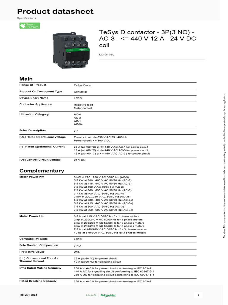 5a.schneider Electric - TeSys-Deca-contactors - LC1D12BL | PDF ...