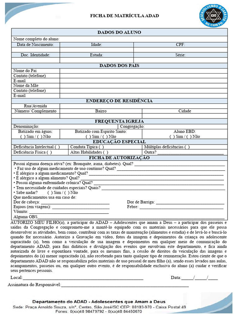 Ficha de Matrícula ADAD para Alunos | PDF | Autoajuda