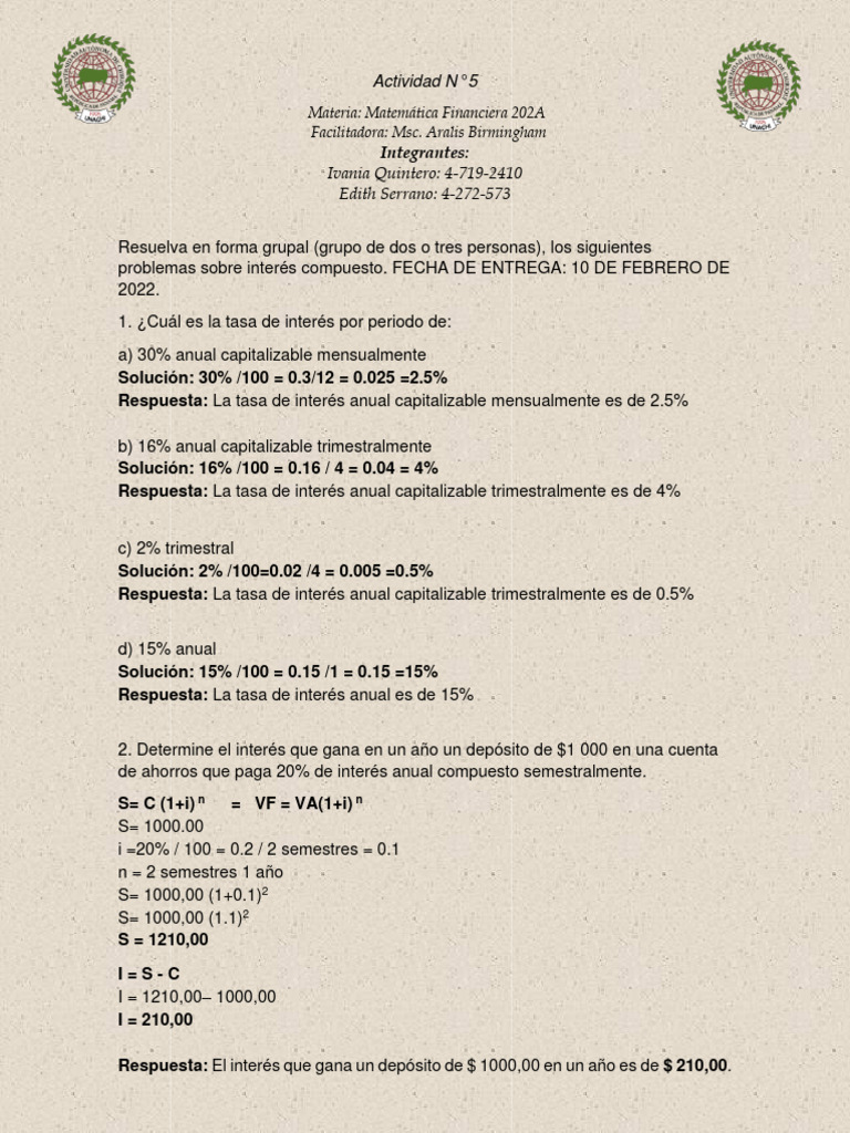 ACTIVIDAD N°5 MATEMÁTICA FINANCIERA | PDF | Finanzas Matemáticas | Dinero