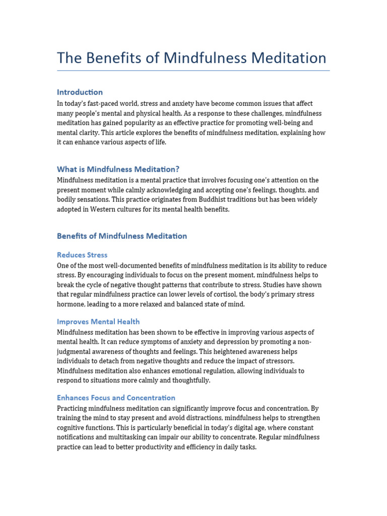 The Benefits of Mindfulness Meditation | PDF | Mindfulness | Meditation