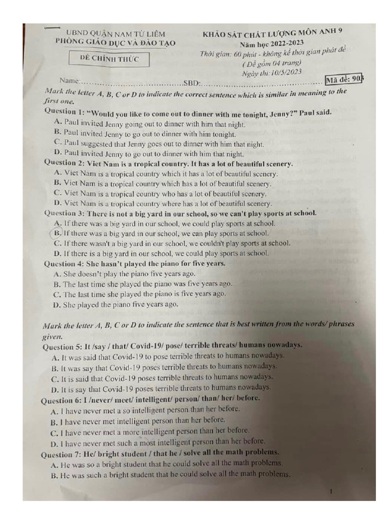 ĐỀ KSCL quận NTL | PDF