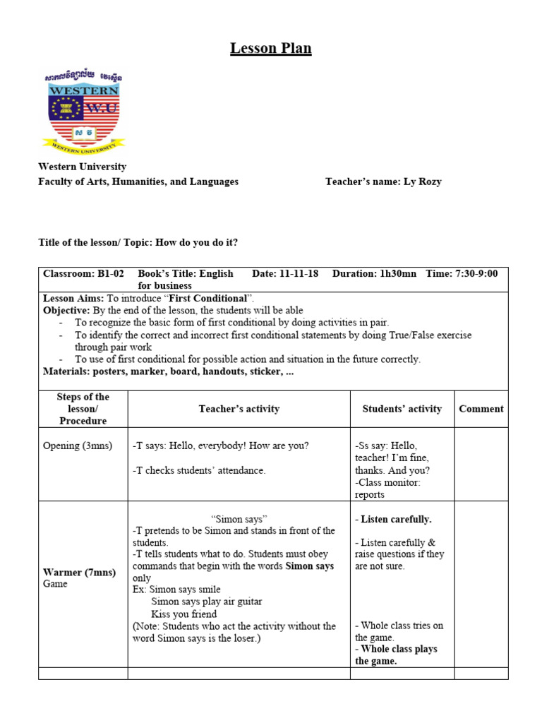 First Conditional Lesson Plan | PDF | Lesson Plan | Human Communication