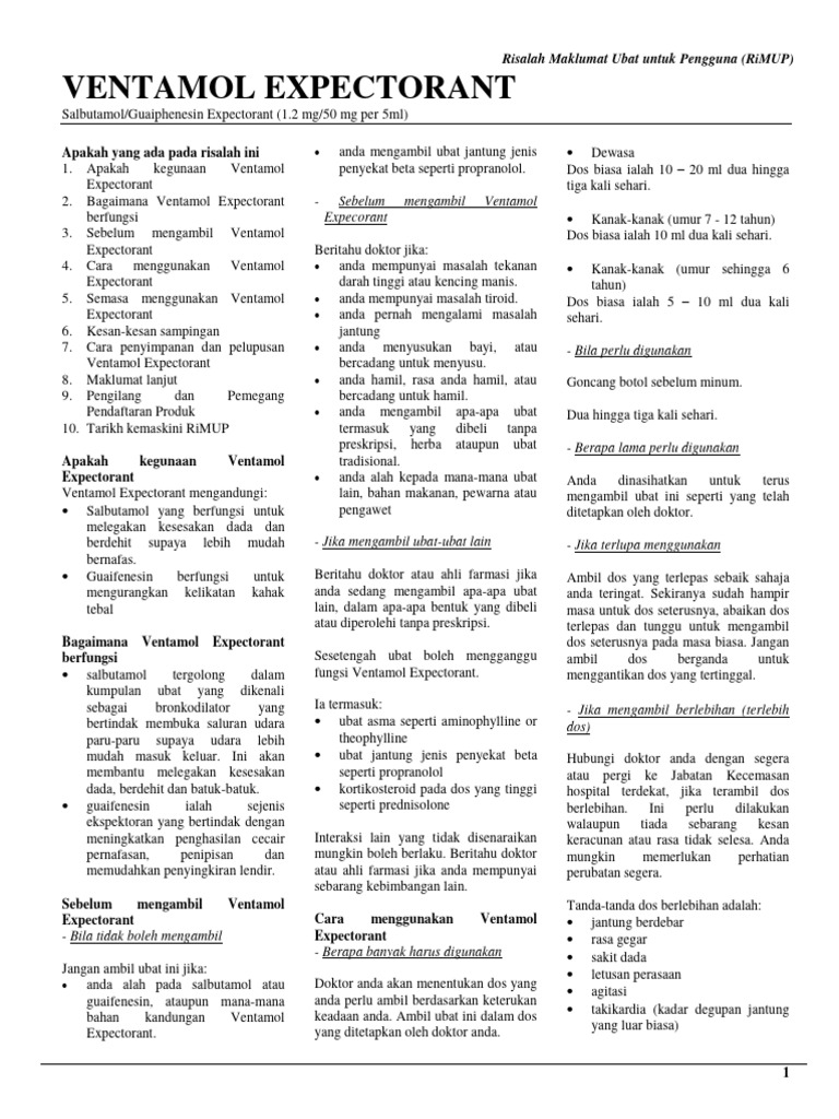 Ventamol Expectorant Salbutamol Sulphate Guaiphenesin HOVID BERHAD 23mar2016 BM | PDF