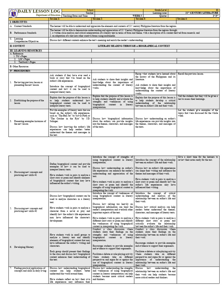 21st Century Literature Lesson Plan | PDF | Biography | Critical Thinking