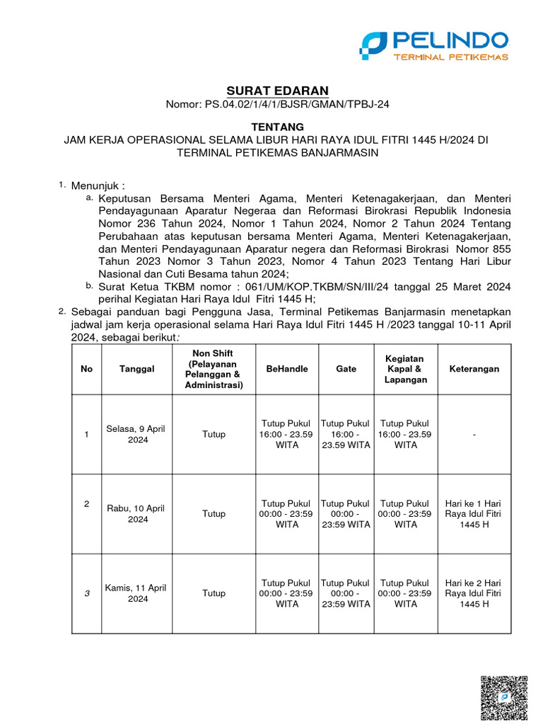 surat edaran jam operasional idul fitri 1445 h - 2024 | PDF
