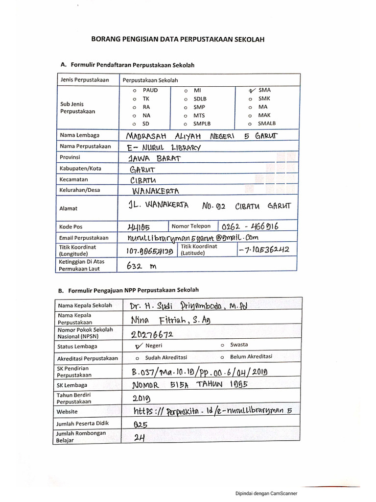 Borang Pengisian Data Perpustakaan Sekolah - Man 5 Garut | PDF