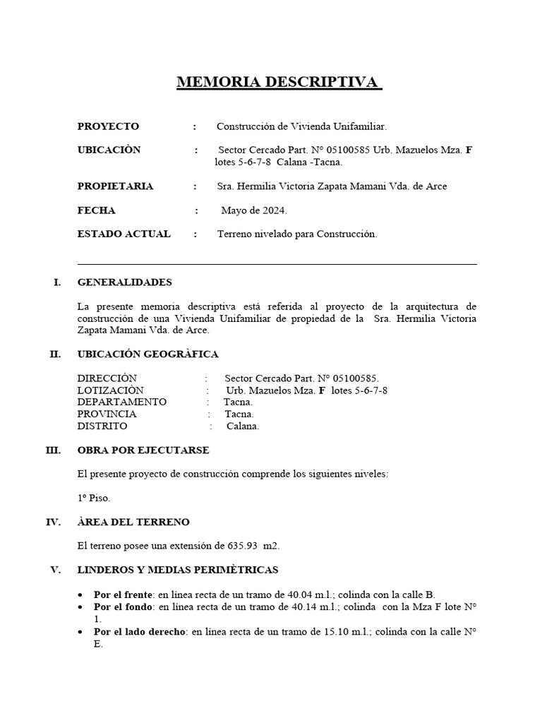 MEMORIA_DESCRIPTIVA_DE_VIVIENDA_UNIFAMILIAR_doc_ARQUITECTURA | PDF ...