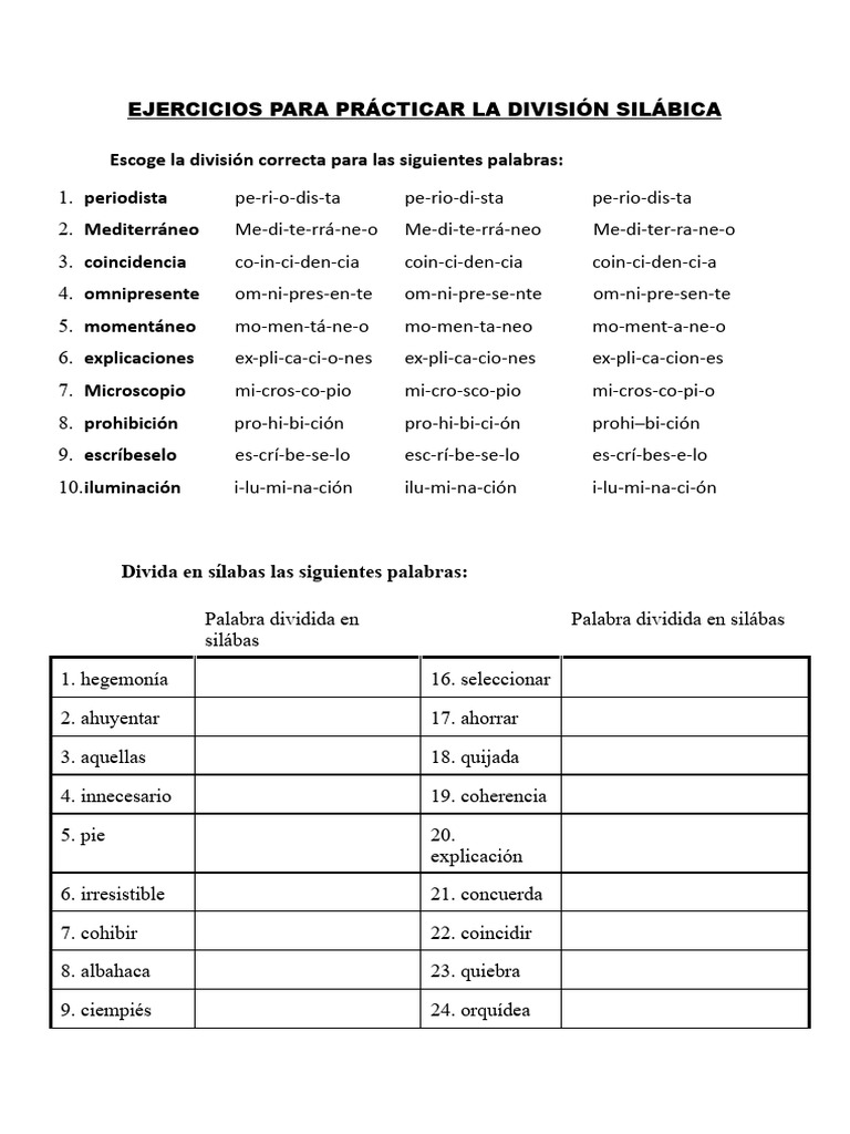Ejercicios para Practicar La Silaba | PDF | Sílaba | Voz humana