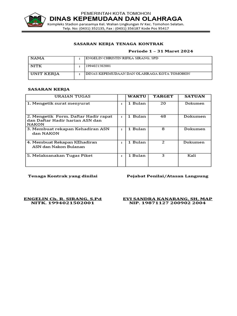 Contoh Format SKP Dan Buku Kerja Tenaga Kontrak | PDF