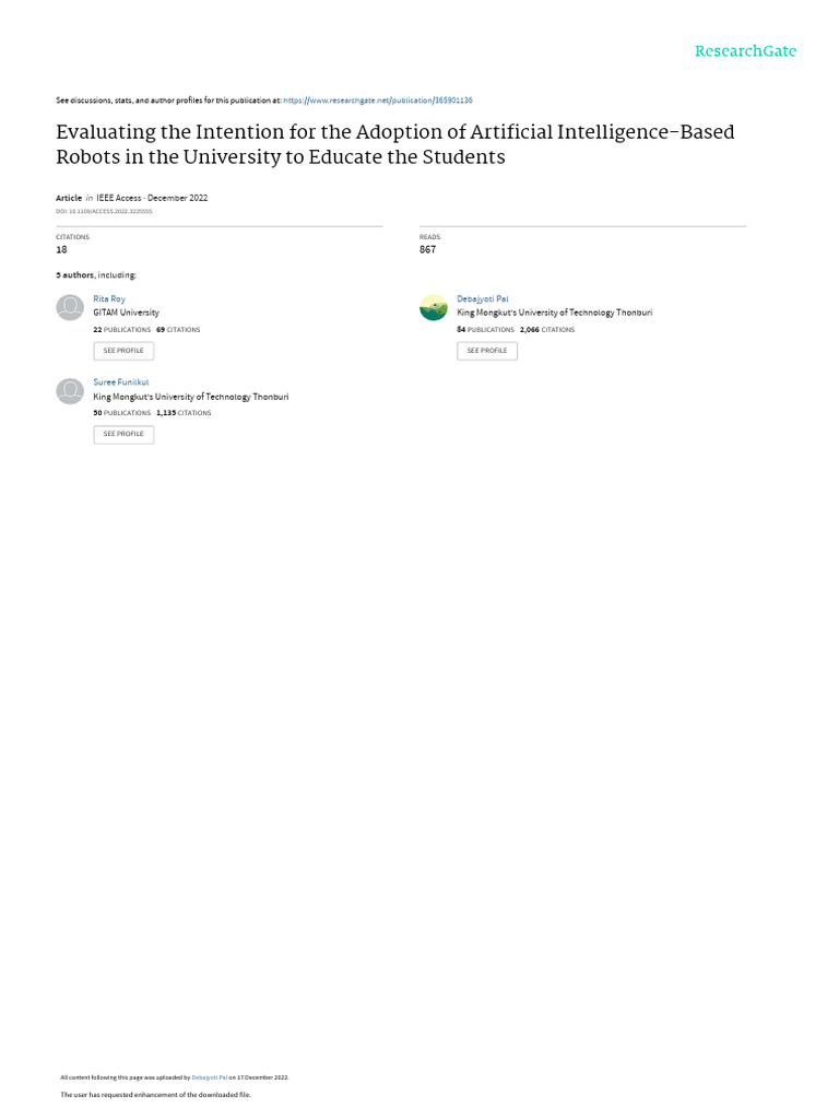 Evaluating The Intention For The Adoption of Artificial Intelligence-Based Robots in The ...
