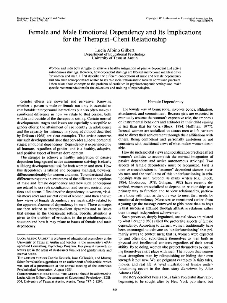 Female and Male Emotional Dependency and Its Implications For The Therapist-Client Relationship ...
