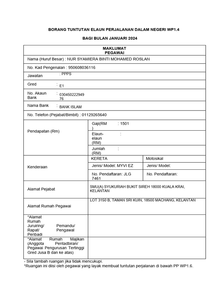Borang Tuntutan Elaun Perjalanan Dalam Negeri Wp1.4 Bagi Bulan Januari 2024 Maklumat Pegawai | PDF
