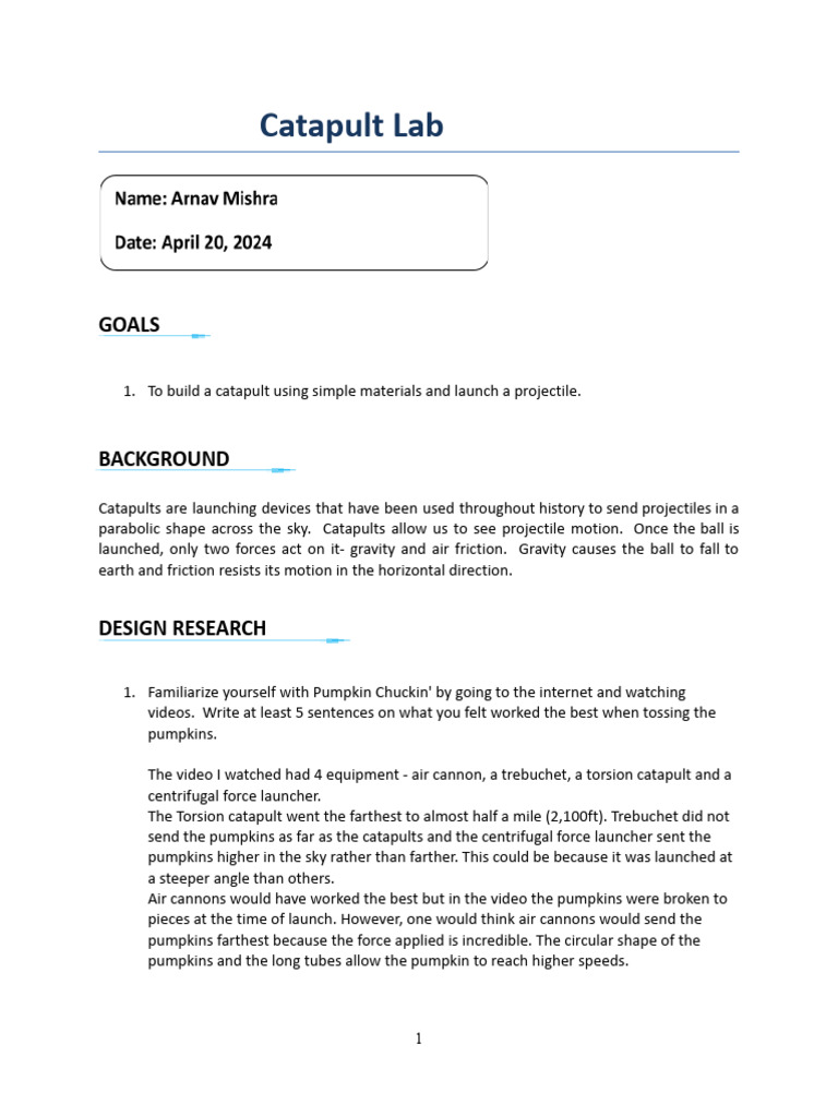 Catapult Lab1 (3) (2) | PDF | Projectiles | Force