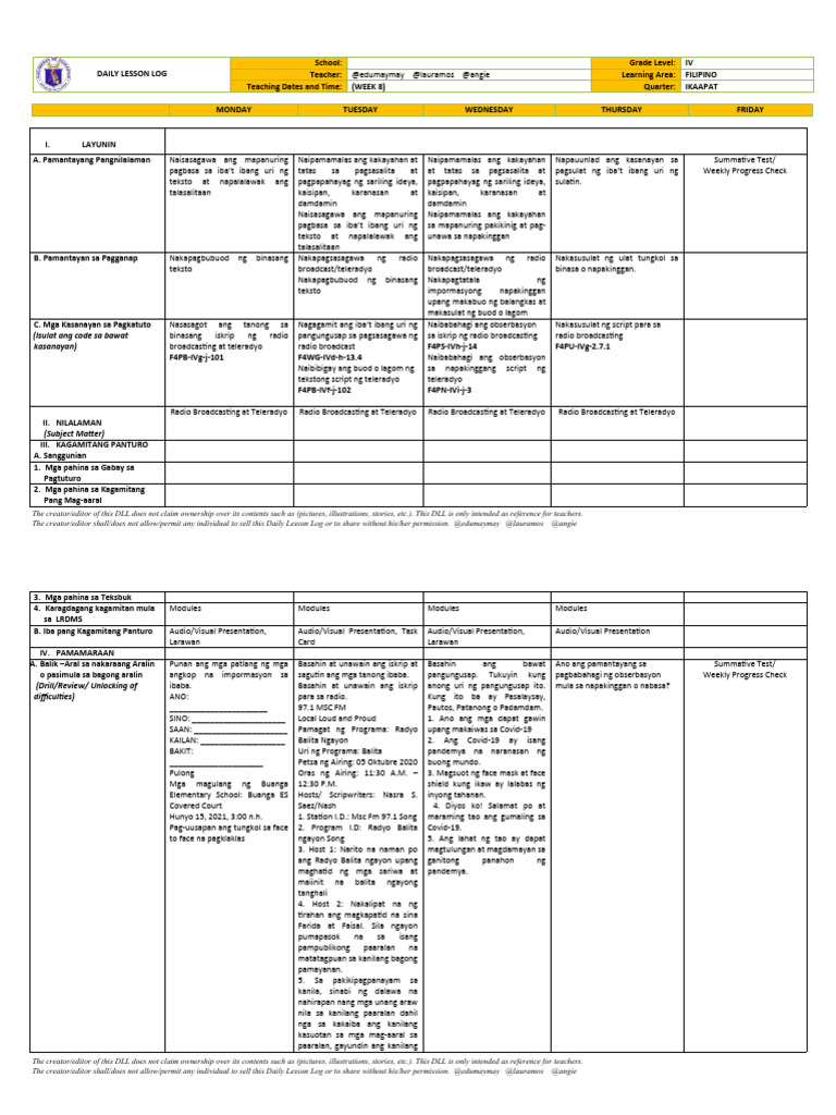 DLL - FIL4 - Q4 - W8 - Nasasagot Ang Tanong Sa Binasang Iskrip NG Radio Broadcasting AND OTHER ...
