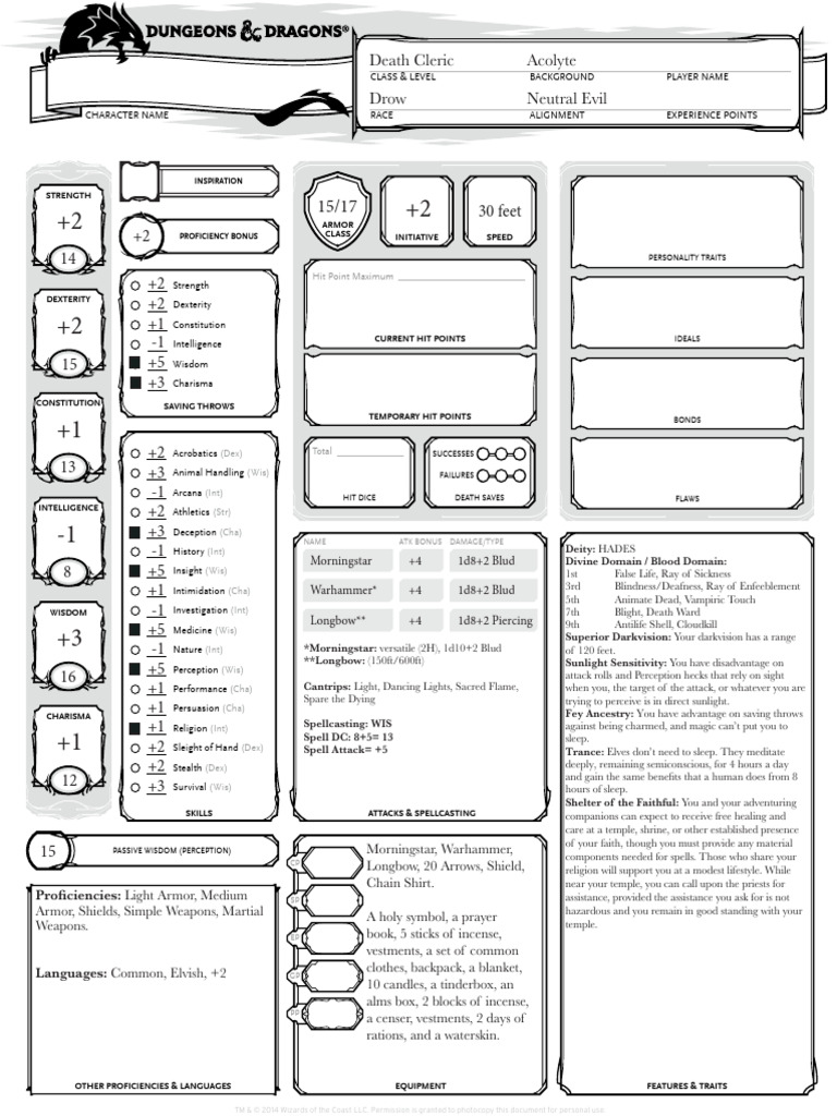 Drow - Death Cleric - Lvl 1 | PDF