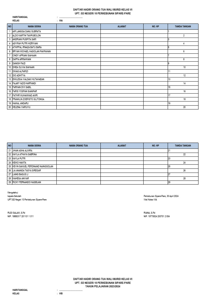 Daftar Hadir Orang Tua Kelas VI 2024 | PDF