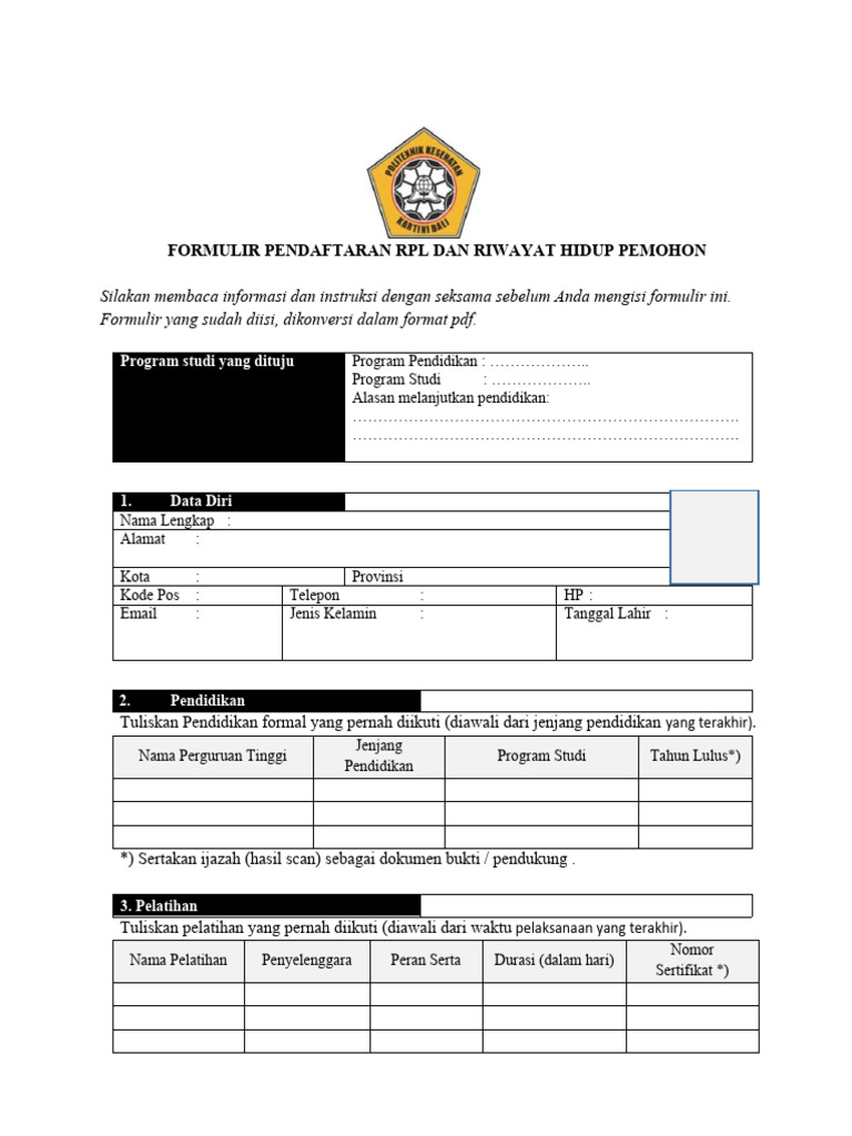 Form 01 Pendaftaran RPL-A2 | PDF | Karier & Perkembangan | Bisnis