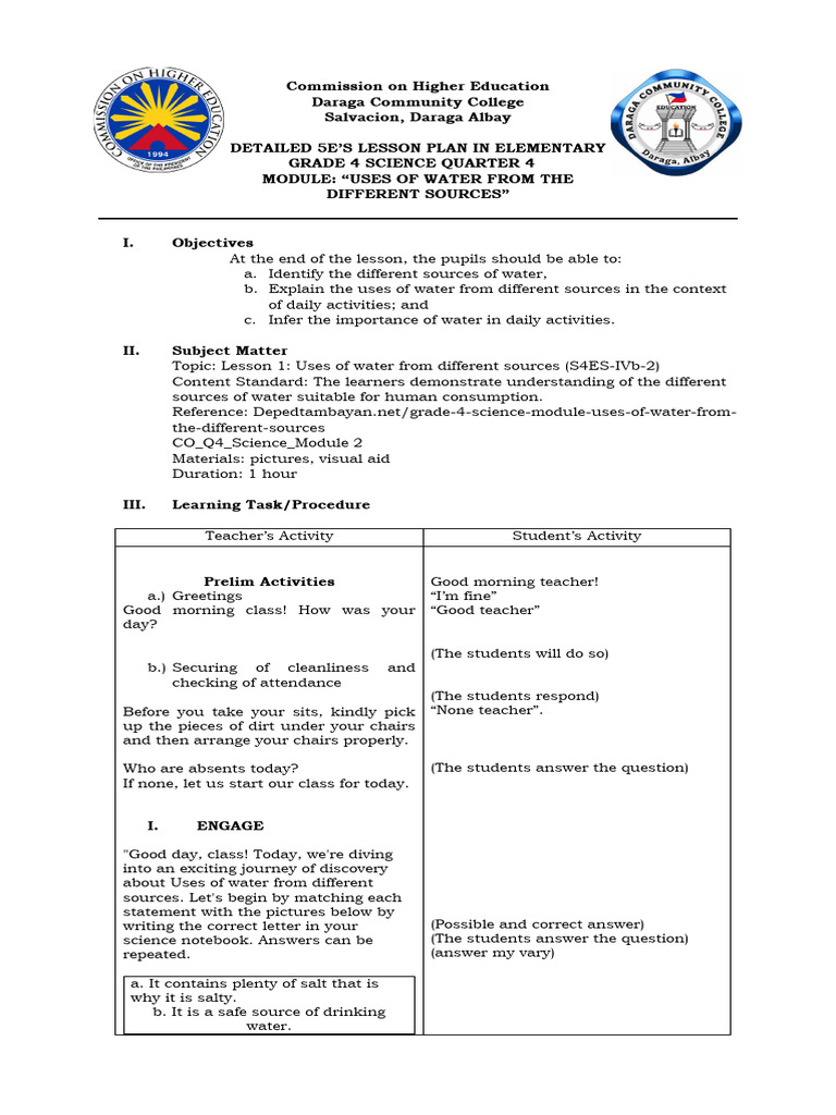 Grade 4 Lesson Plan: Water Sources | PDF | Water | Fresh Water