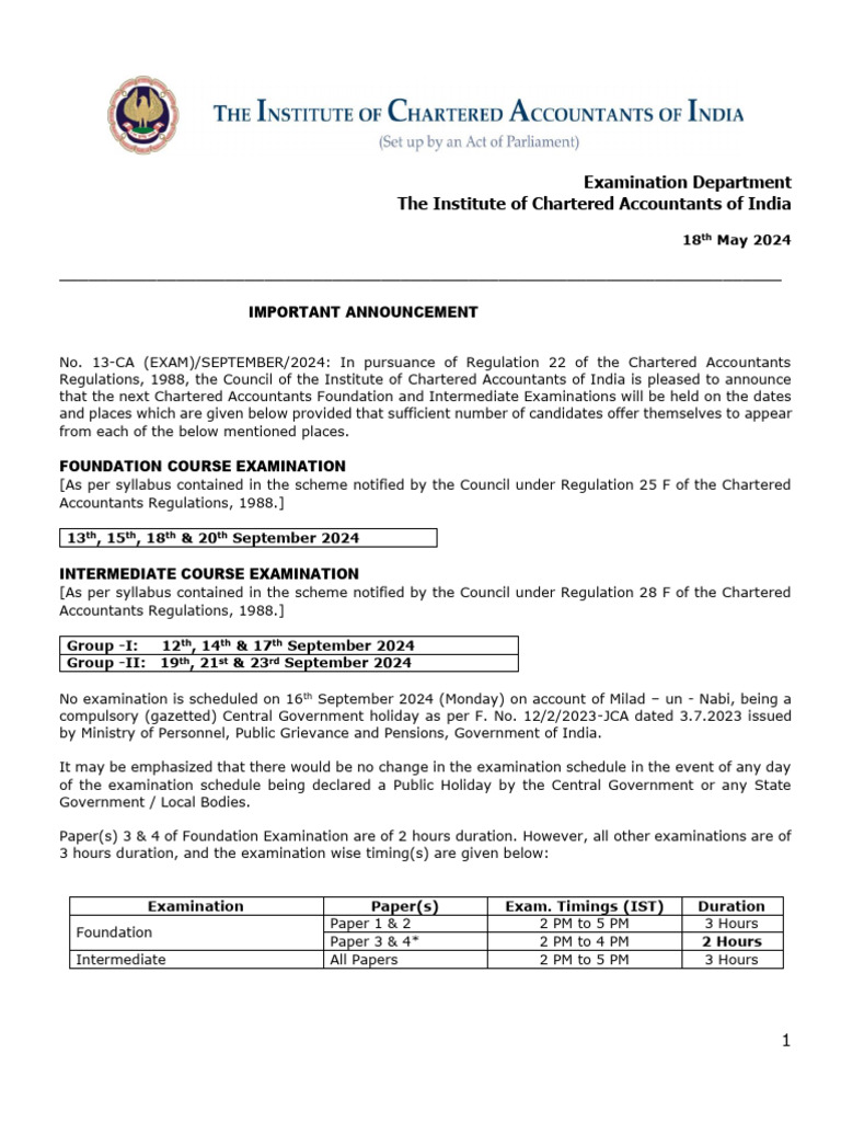 Examination Department The Institute of Chartered Accountants of India ...