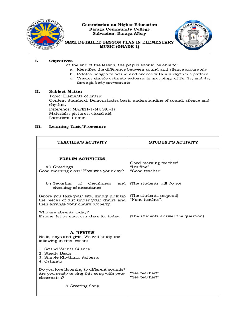 Sound and Silence Lesson Plan for Grade 1 | PDF | Silence | Rhythm