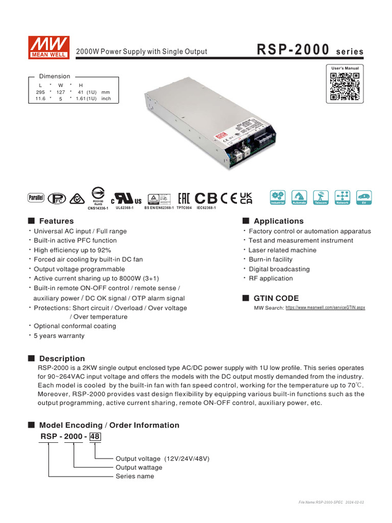 2000W Power Supply With Single Output: Series | PDF | Power Supply ...