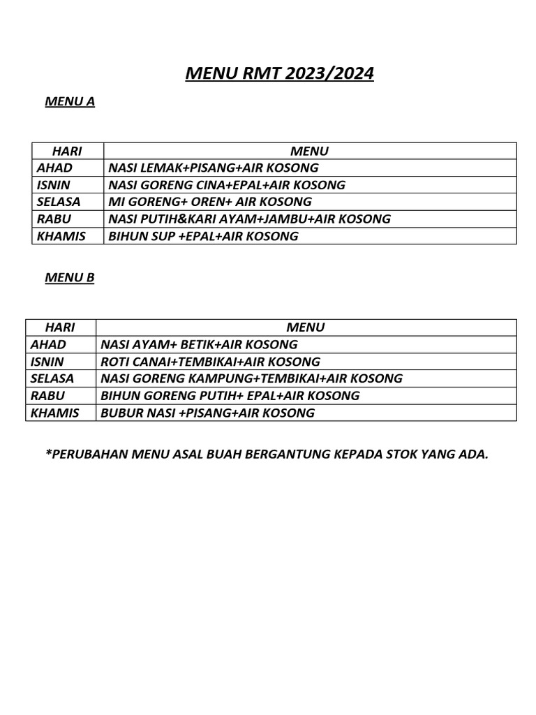 Menu RMT 2023 2024 | PDF