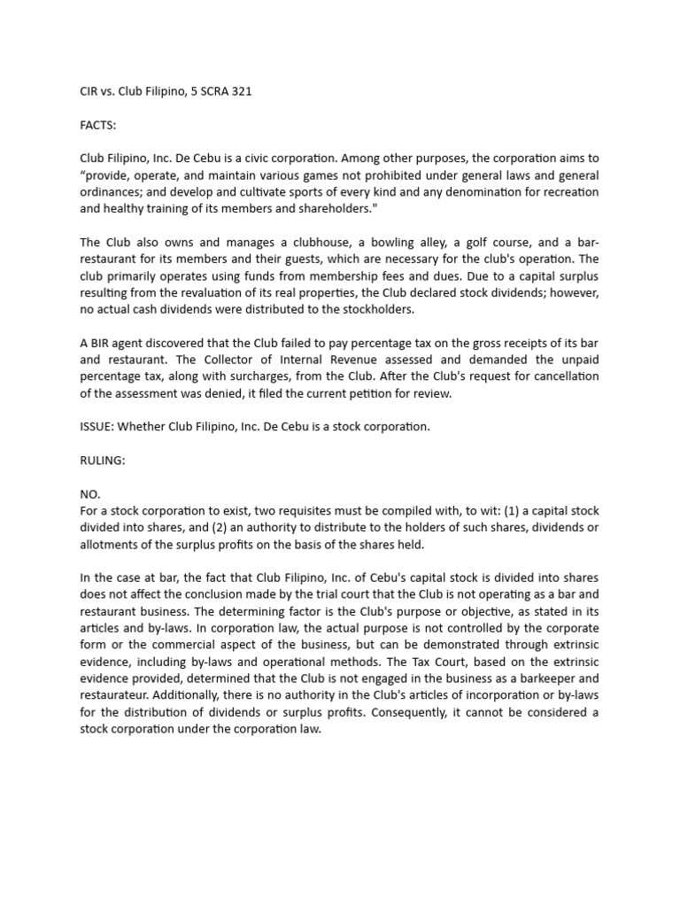 CIR vs. Club Filipino | PDF | Business | Law