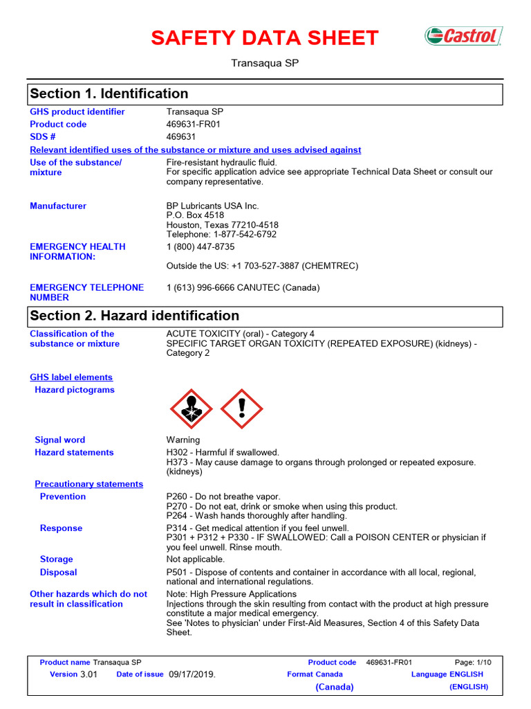 Safety Data Sheet: Section 1. Identification | PDF | Waste | Personal Protective Equipment