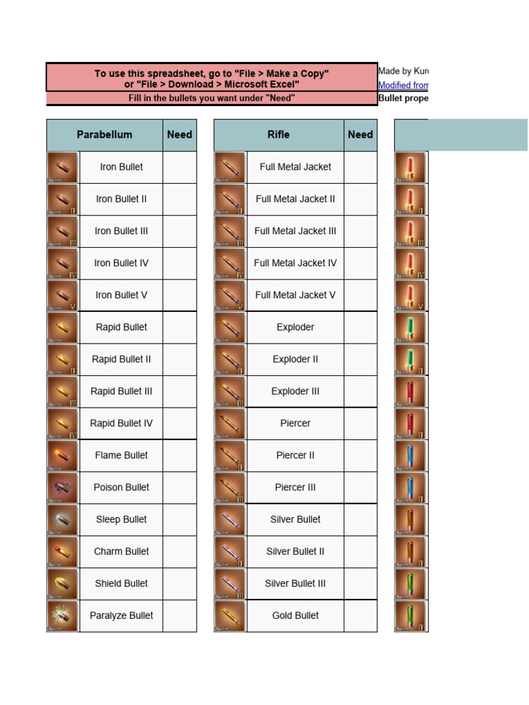 Bullet Crafting Spreadsheet Guide | PDF | Bullet | Gemstone