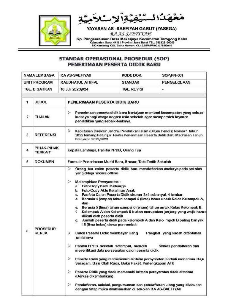 SOP Penerimaan Siswa Baru 1 | PDF