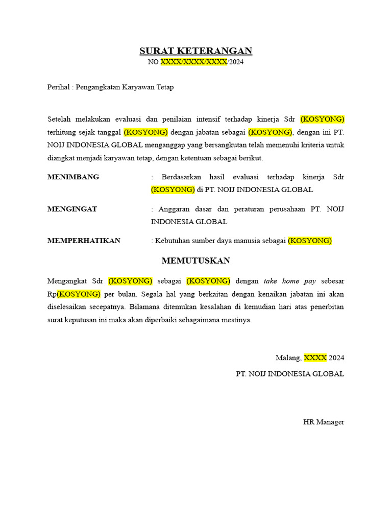 Draft SK Pengangkatan Karyawan Tetap | PDF