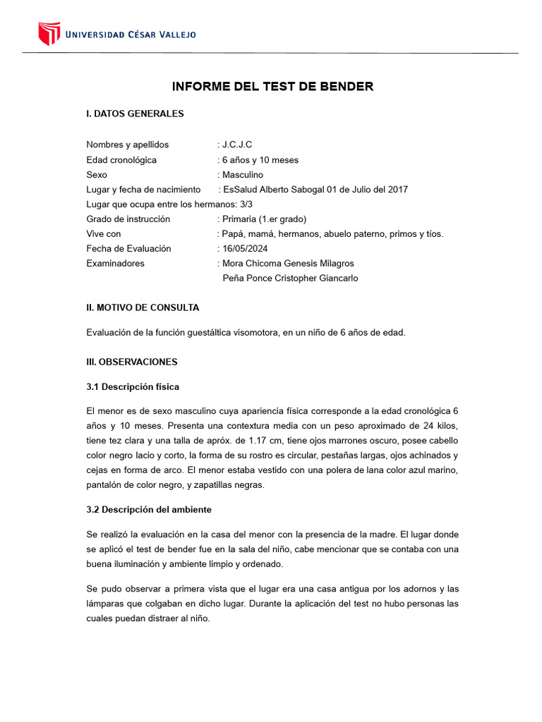 Informe Test Bender: Evaluación Visomotora | PDF | Las emociones ...