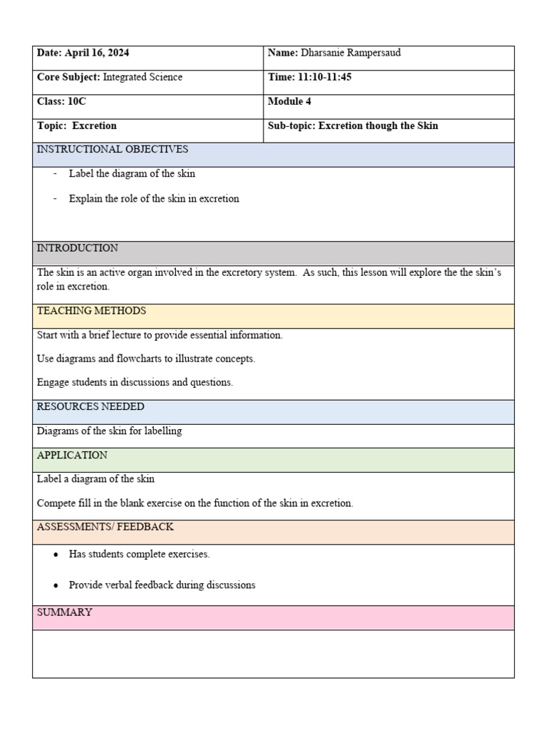 Skin's Role in Excretion: Lesson Plan | PDF