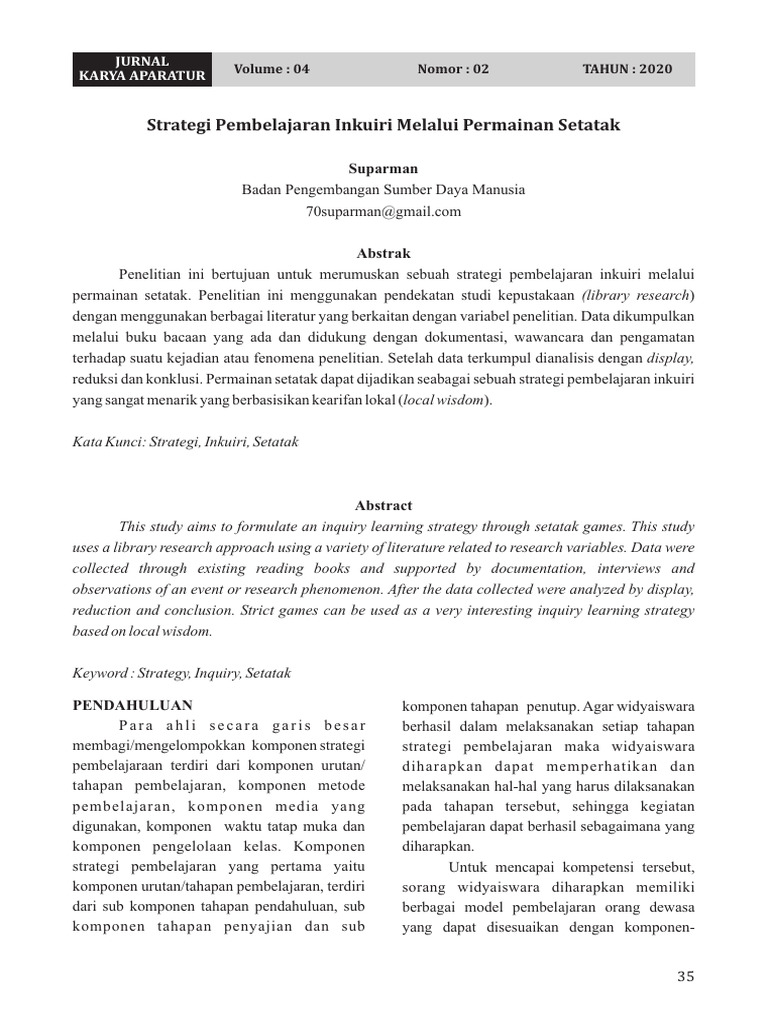 Strategi Pembelajaran Inkuiri Melalui Permainan Setatak | PDF