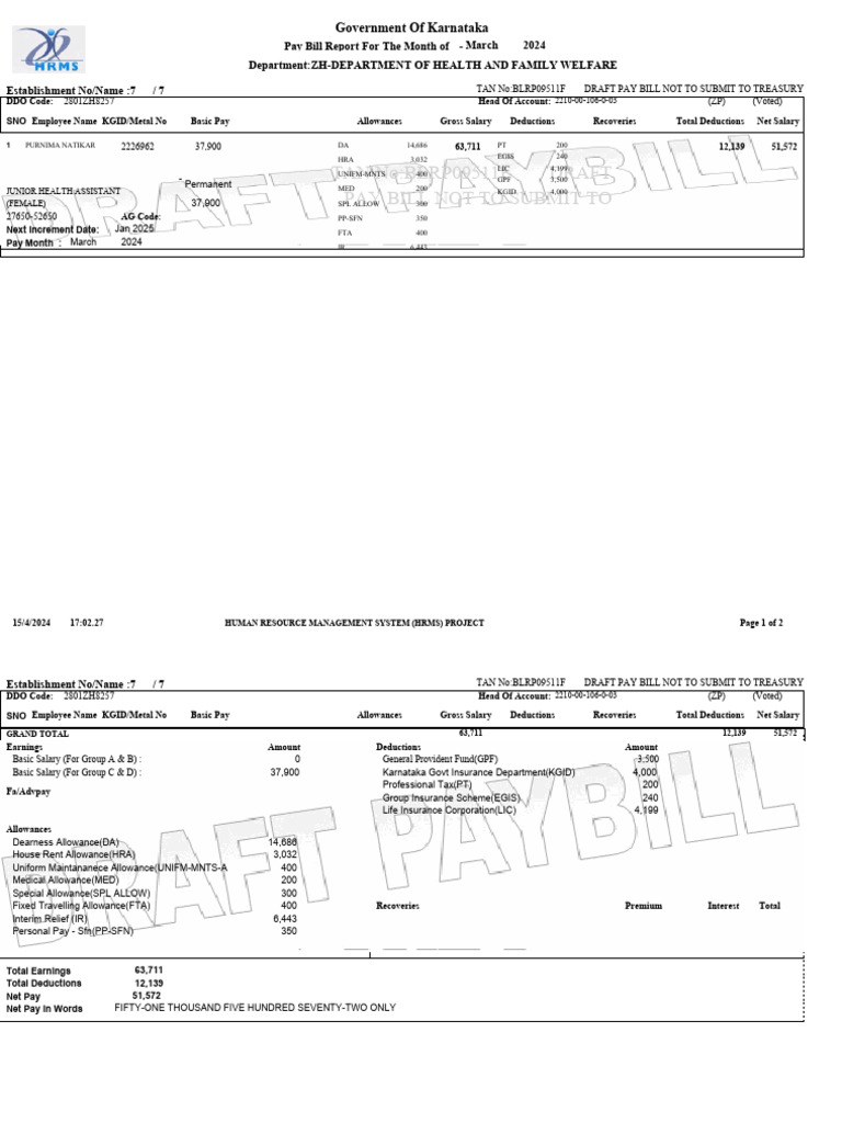 Karnataka Health Dept Pay Bill March 2024 | PDF | Economies | Taxation